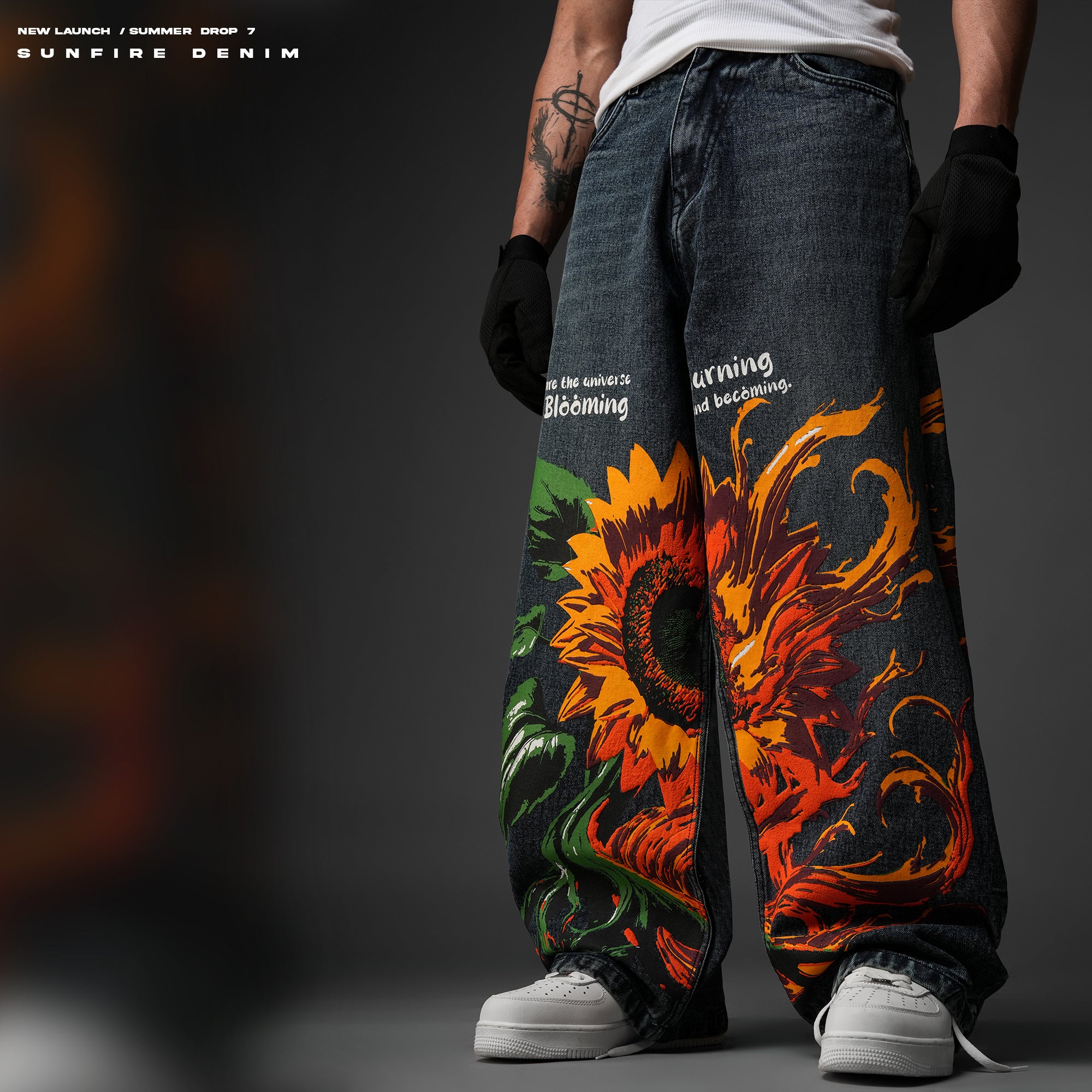 Groovee Designer Jeans Sunfire sunflower printed jeans with Baggy fit ...